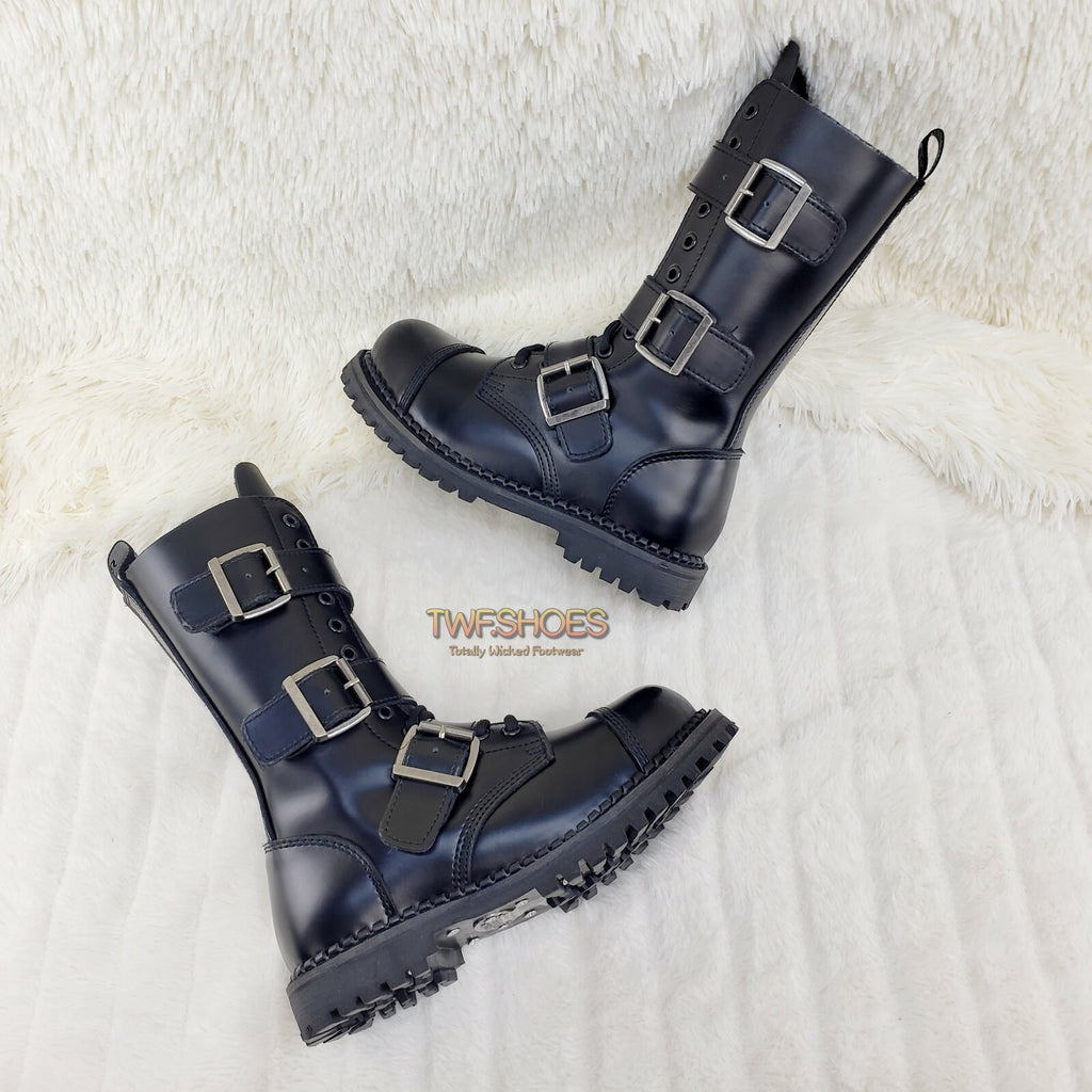 DEMONIA Riot 12 Goth Combat Biker Steel Toe Ankle Boots Black LEATHER ...