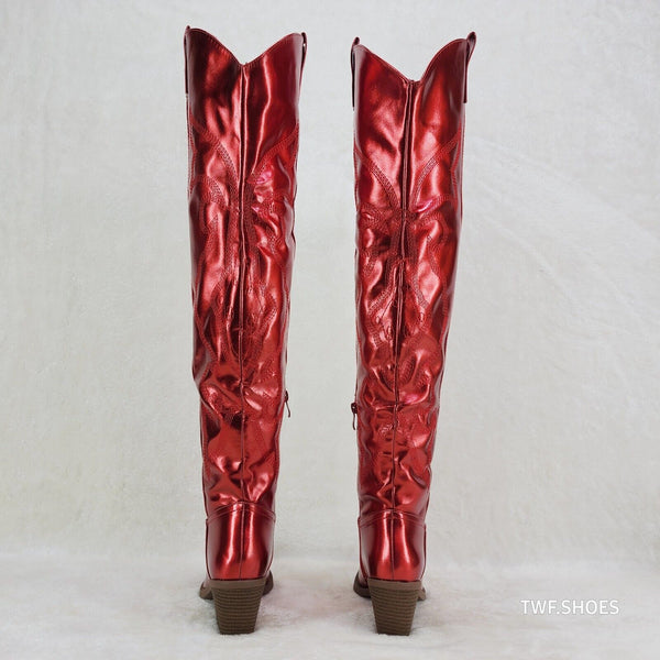 Country Disco Cowboy Metallic Red Western Cowgirl OTK Thigh Boots ...