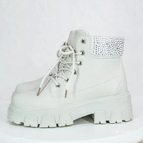 Teck Off White Vegan Nubuck Leather Combat Ankle Boots Rhinestone Coll ...