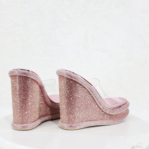 Zesty Pink Rose Gold Rhinestone Platform Wedge Heel Slip On Sandals ...