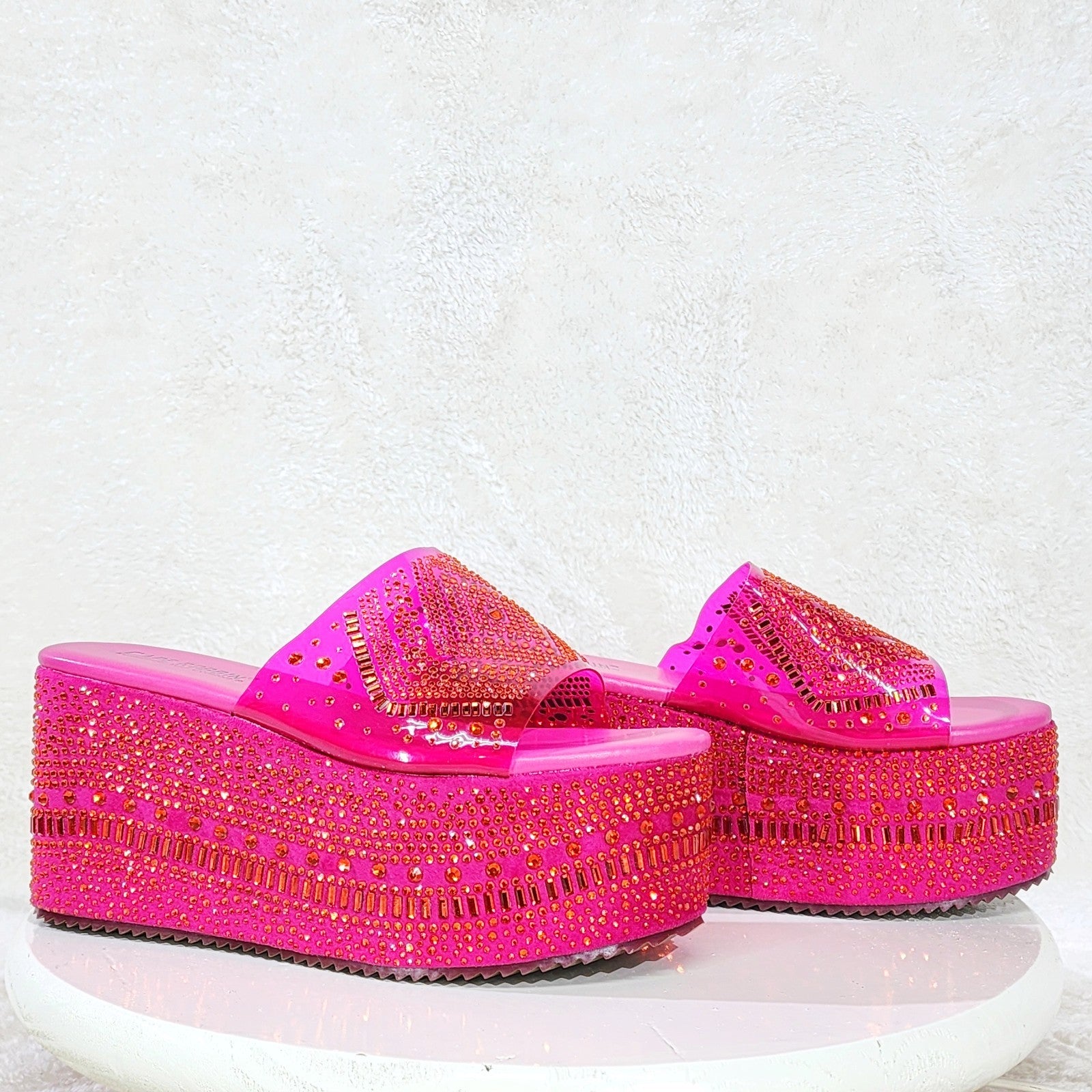 Dazzle Hot Pink Slip On 3" Platform Sparkling Rhinestone Flatform Sand ...