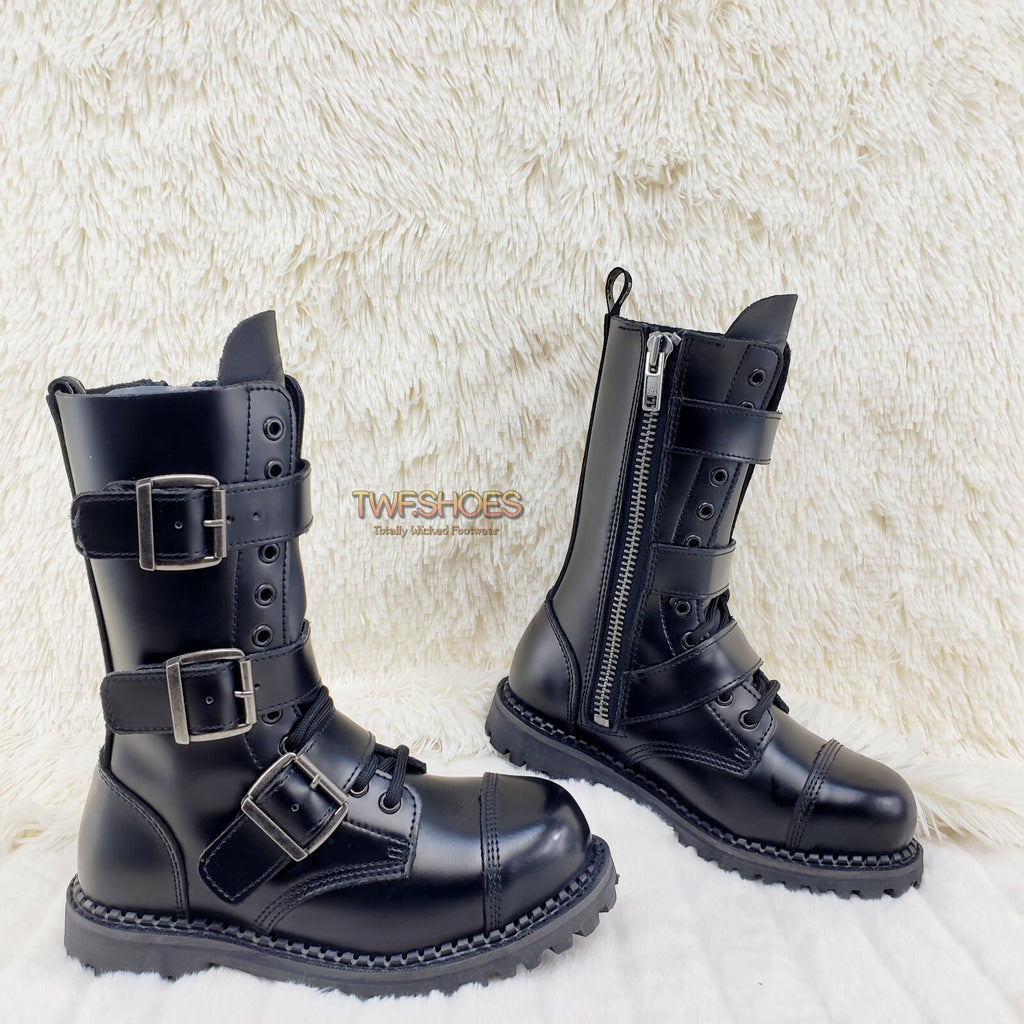 DEMONIA Riot 12 Goth Combat Biker Steel Toe Ankle Boots Black LEATHER ...