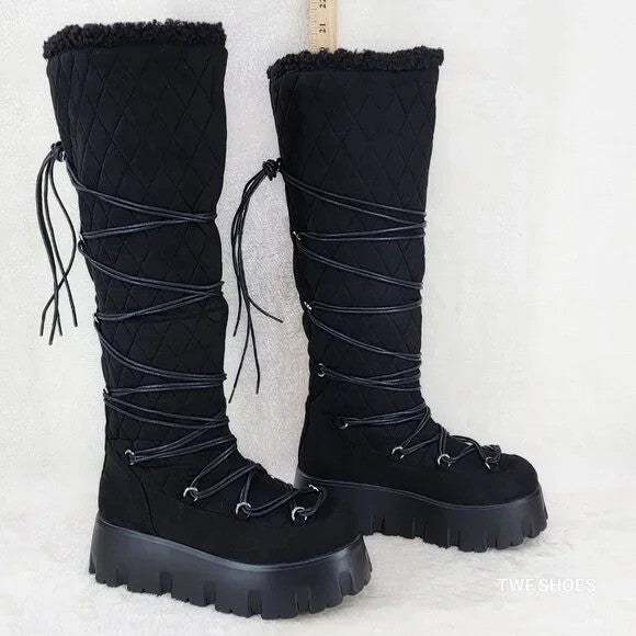 Emo Goth Winter Stomper 2" Platform Knee Boots Jet Black Fx Fur Trim ...