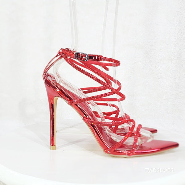 Party Town Red Metallic Strappy Rhinestone Pointy Toe High Heels ...