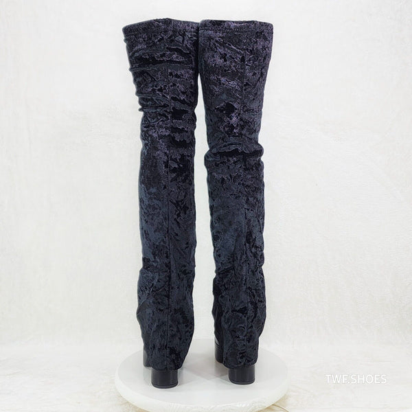 Unique Thigh High Black Velvet Fold over Skirted Chunky Heel Platform ...