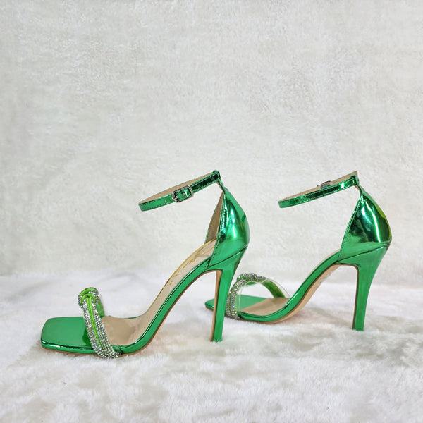 Danni Metallic Green Closed Back High Heel Sandals Rhinestone Toe Strap ...