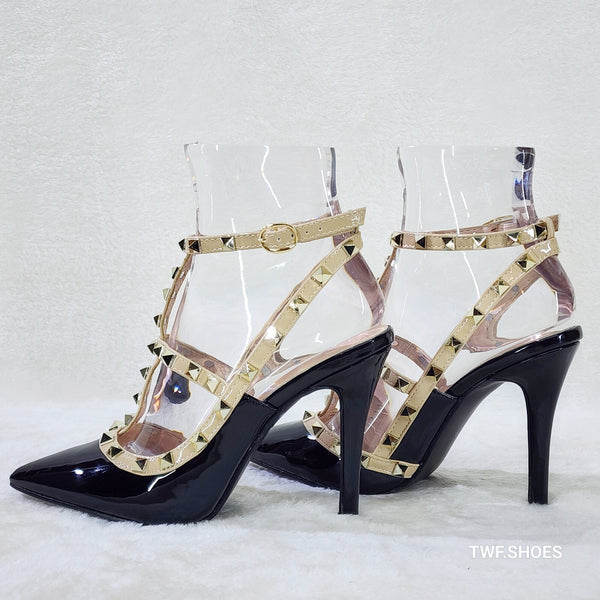 Caged Black Patent Studded Strappy Stiletto High Heel Shoes | Totally ...