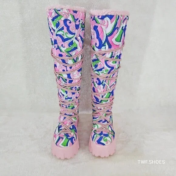 Emo Wymsy Goth Winter Stomper 2" Platform Knee Boots Pink Design Fx Fur ...