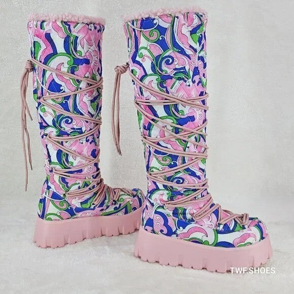 Emo Wymsy Goth Winter Stomper 2" Platform Knee Boots Pink Design Fx Fur ...