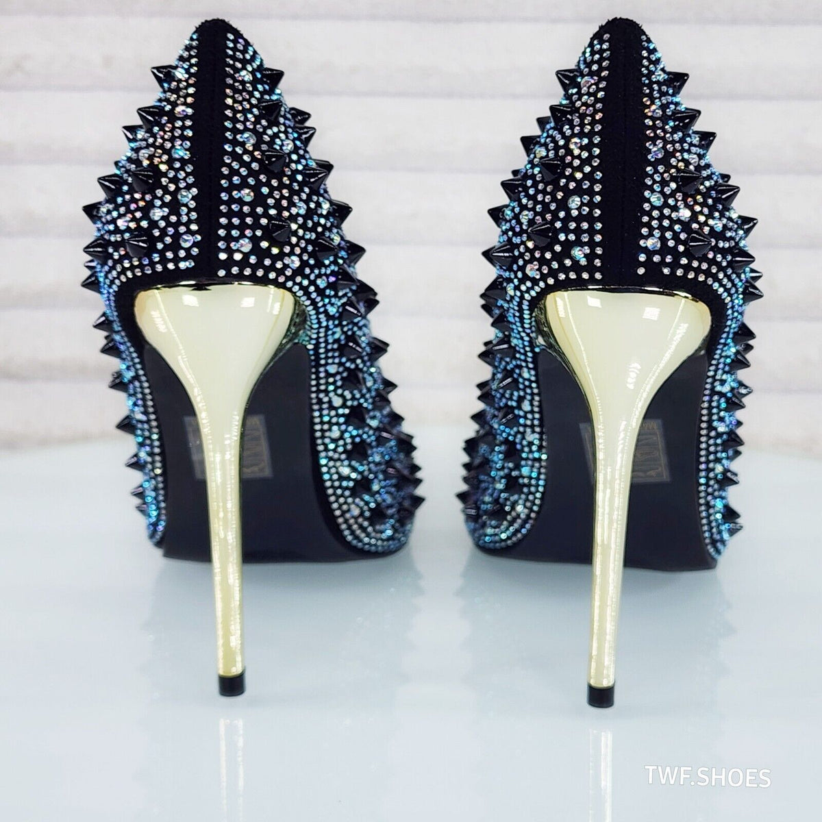 Wicked Sexy Spike Stud Iridescent Rhinestone High Heel Pump Shoes Blac ...