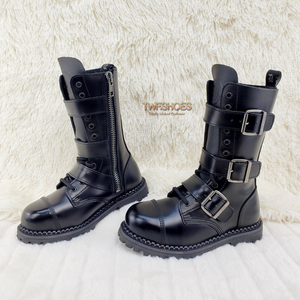 DEMONIA Riot 12 Goth Combat Biker Steel Toe Ankle Boots Black LEATHER ...