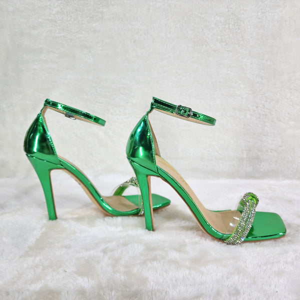 Danni Metallic Green Closed Back High Heel Sandals Rhinestone Toe Strap ...
