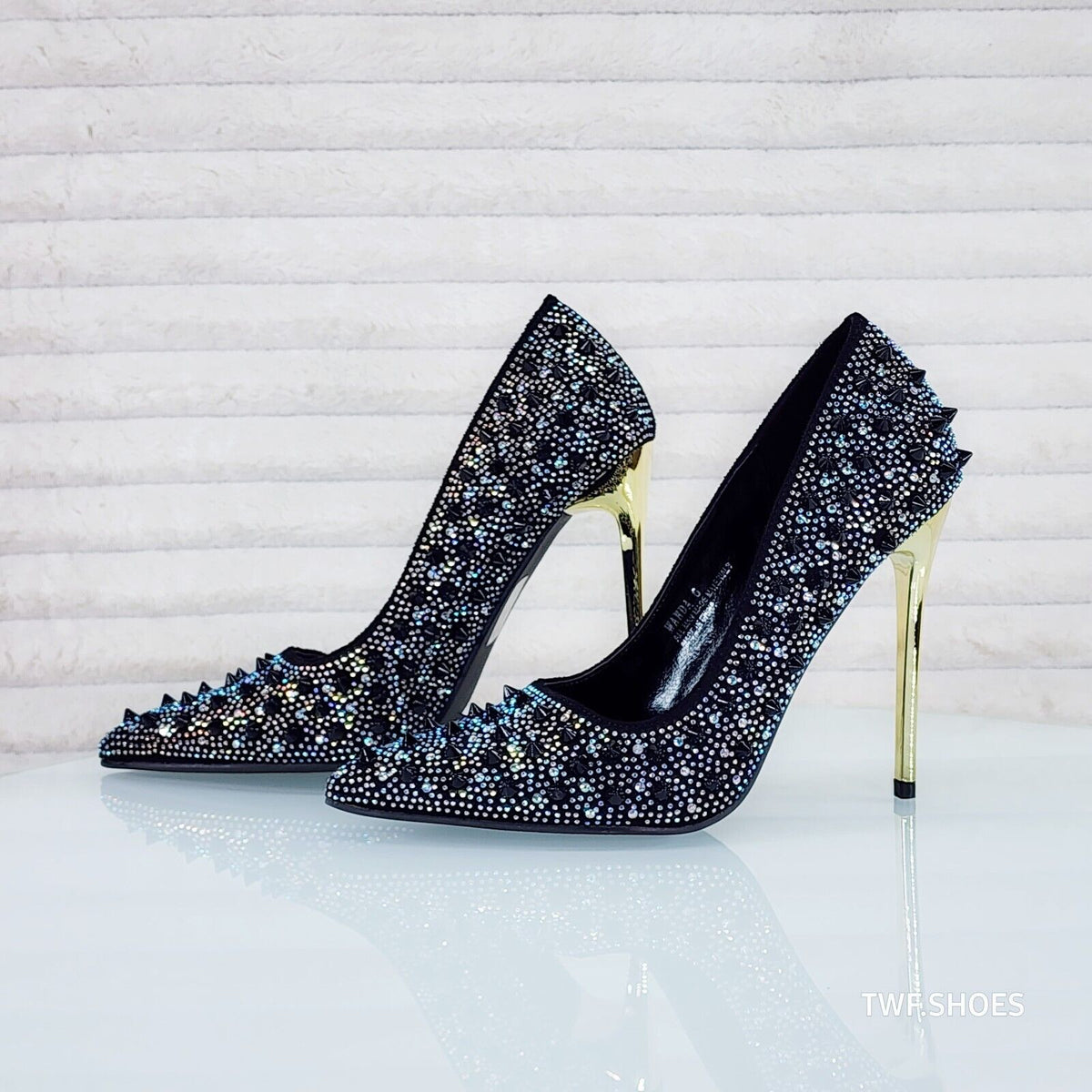 Wicked Sexy Spike Stud Iridescent Rhinestone High Heel Pump Shoes Blac ...