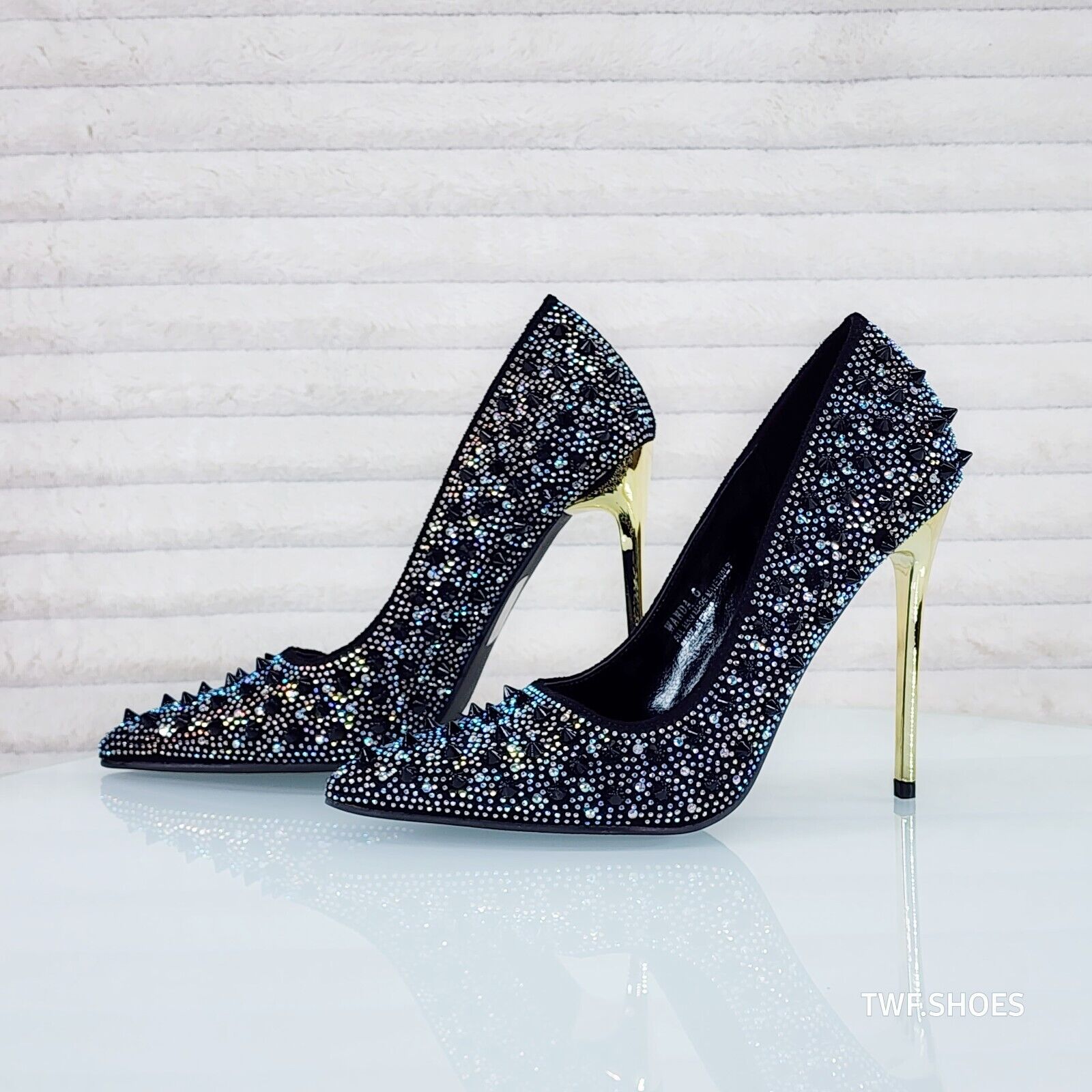 Wicked Sexy Spike Stud Iridescent Rhinestone High Heel Pump Shoes Black | Totally Wicked Footwear