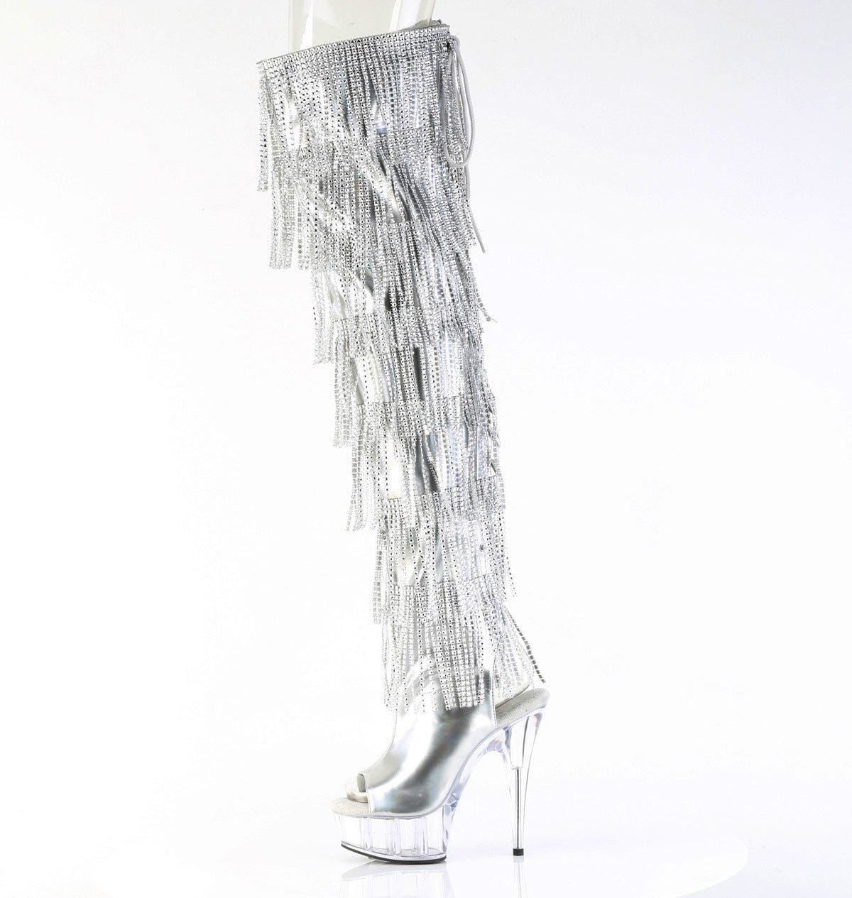 Delight 3017HG Silver Hologram Patent 6" Platform High Heel Fringe Thi ...