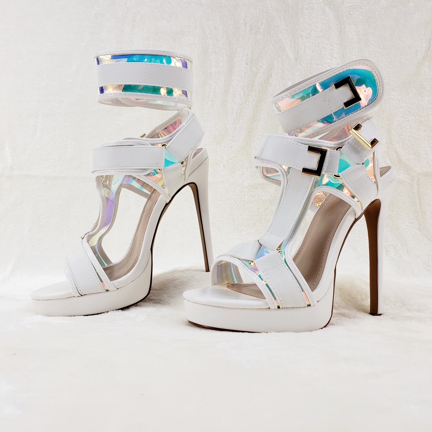 Scorpio White Hologram Strap 5" High Heel Harness Strap Shoe US Sizes 7 ...