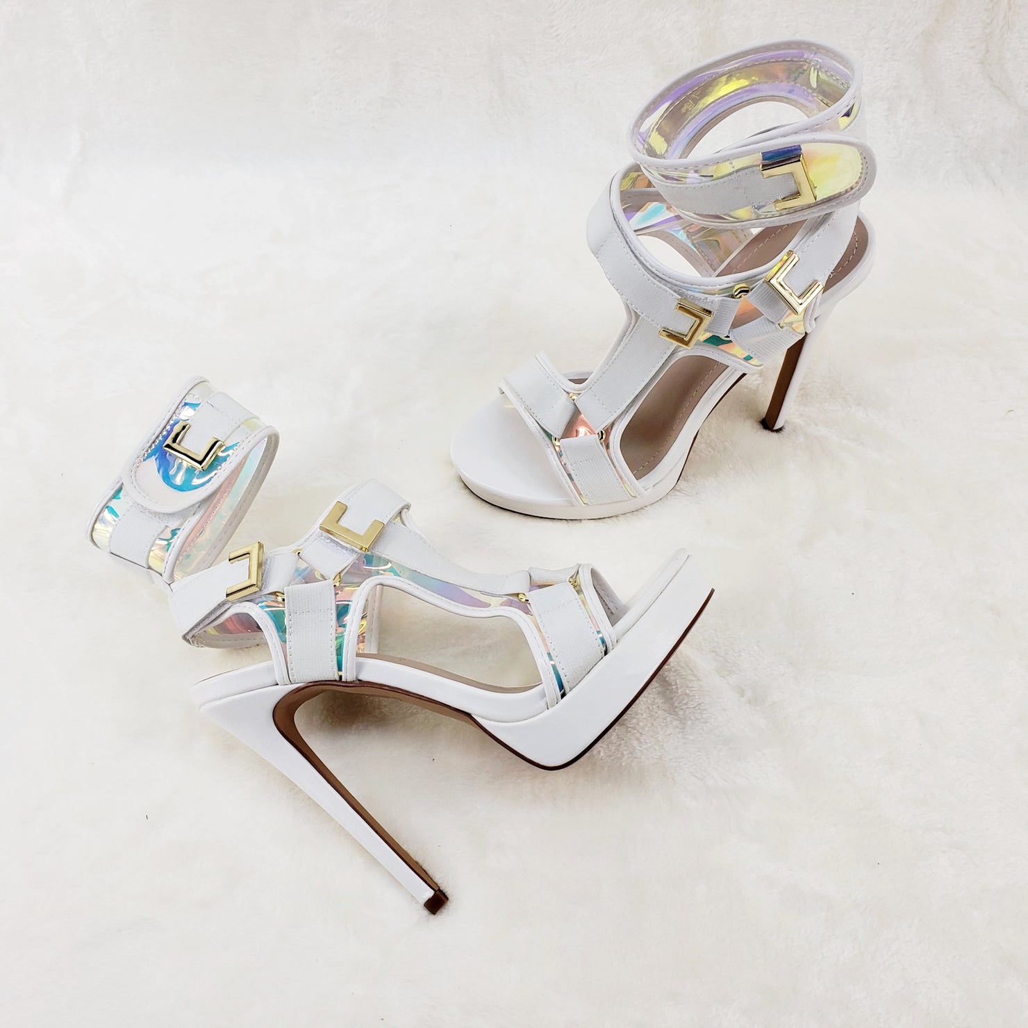 Scorpio White Hologram Strap 5" High Heel Harness Strap Shoe US Sizes 7 ...