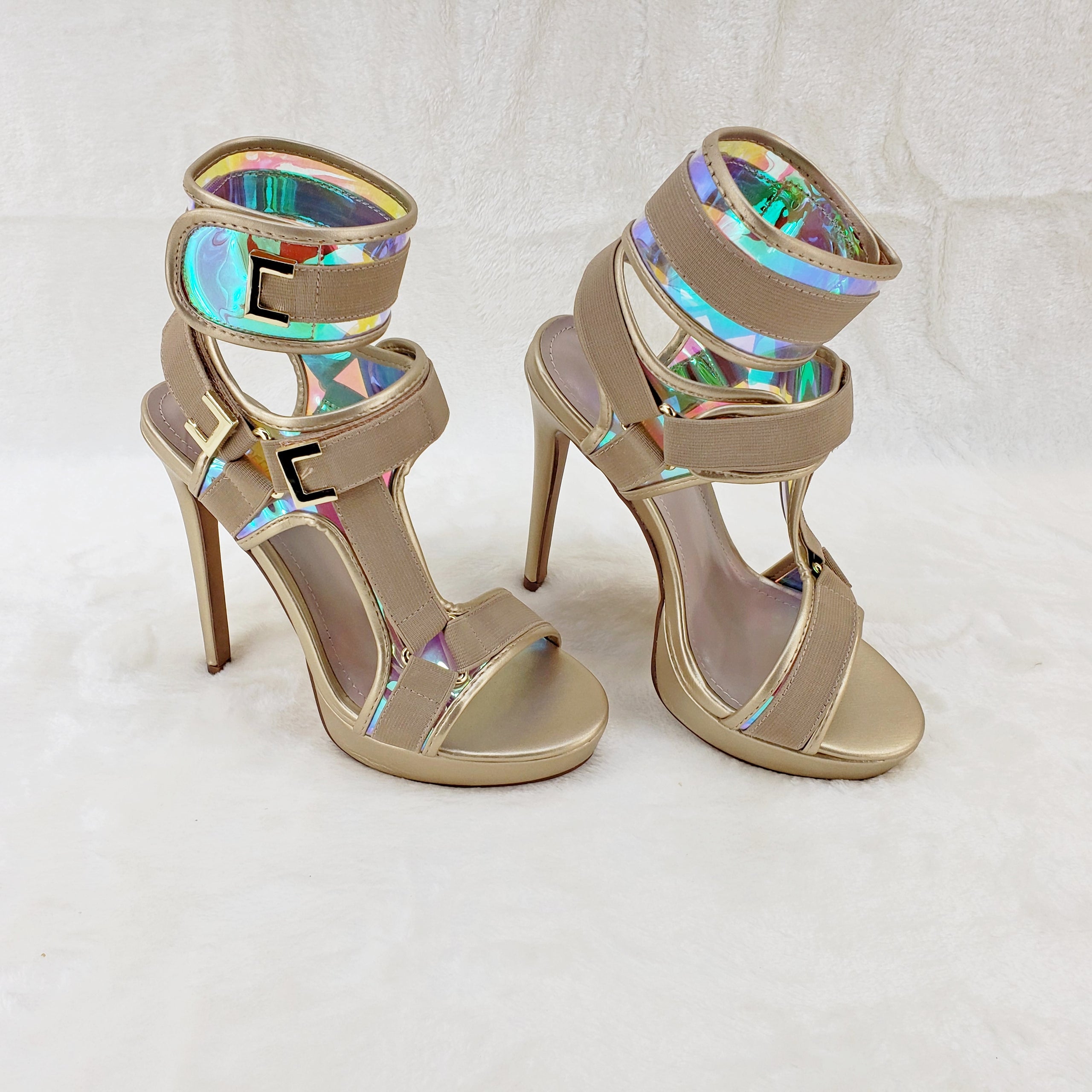 Scorpio Gold Hologram Strap 5" High Heel Harness Strap Shoe US Sizes 7 ...