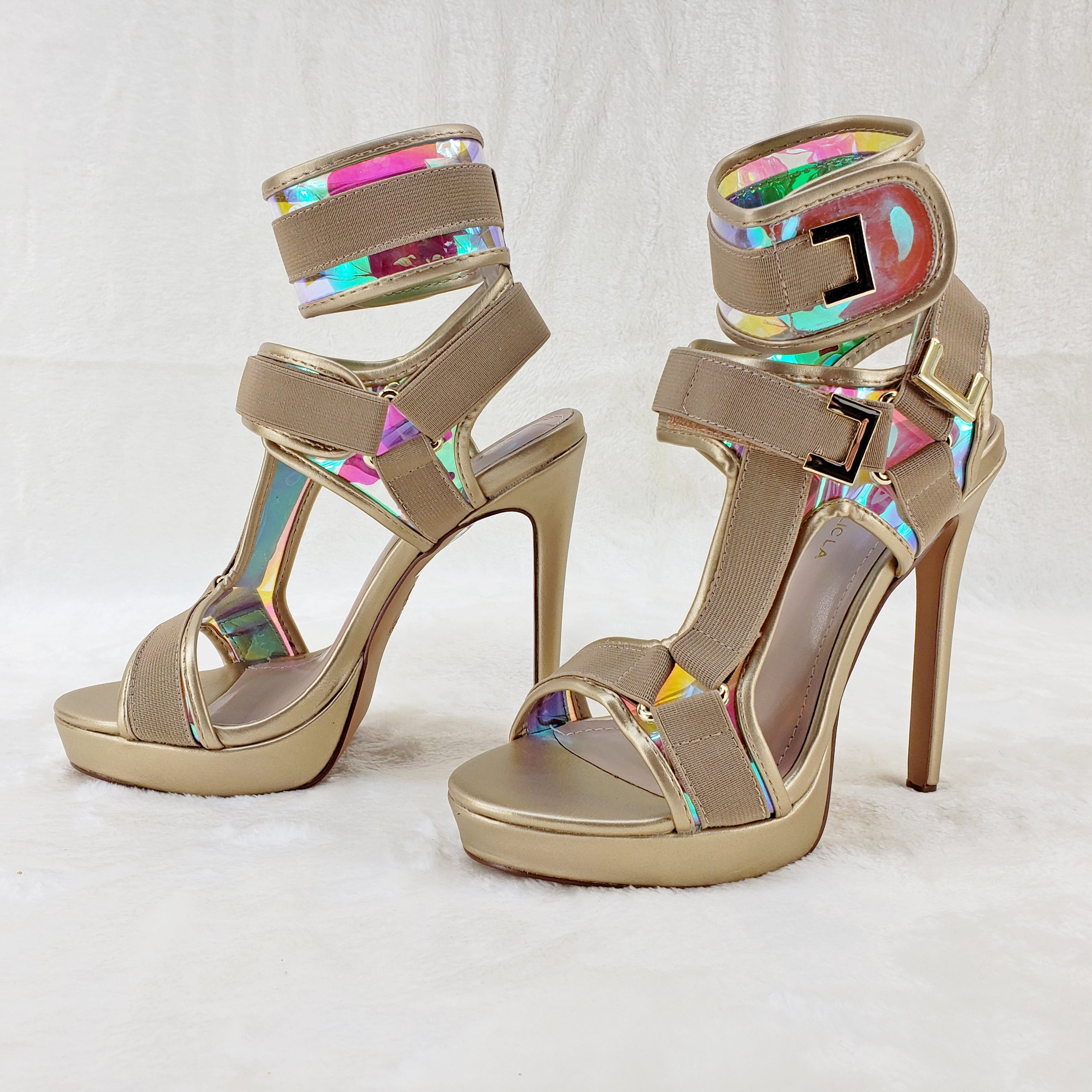 Scorpio Gold Hologram Strap 5" High Heel Harness Strap Shoe US Sizes 7 ...