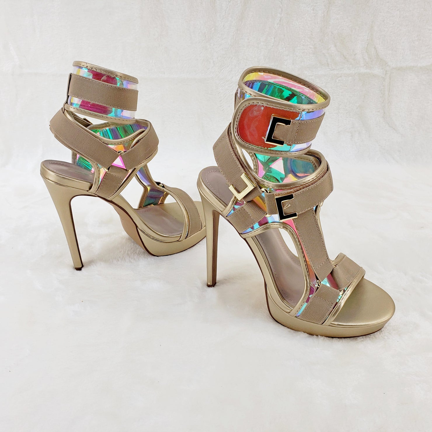 Scorpio Gold Hologram Strap 5" High Heel Harness Strap Shoe US Sizes 7 ...
