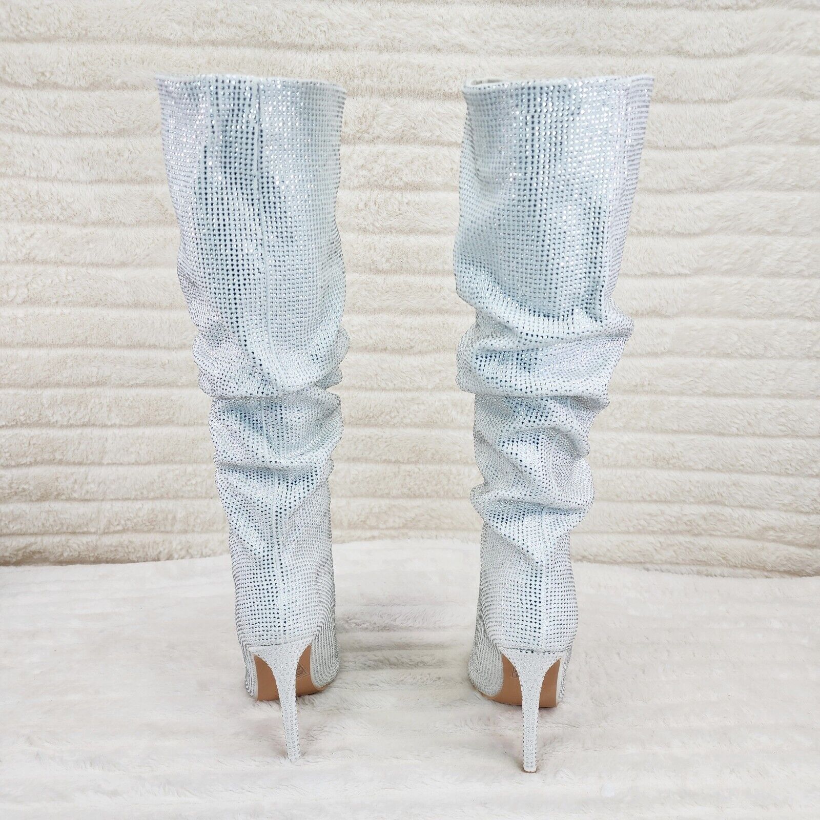 Radiant White Rhinestone High Heel Stiletto Slouch Knee High Boots ...