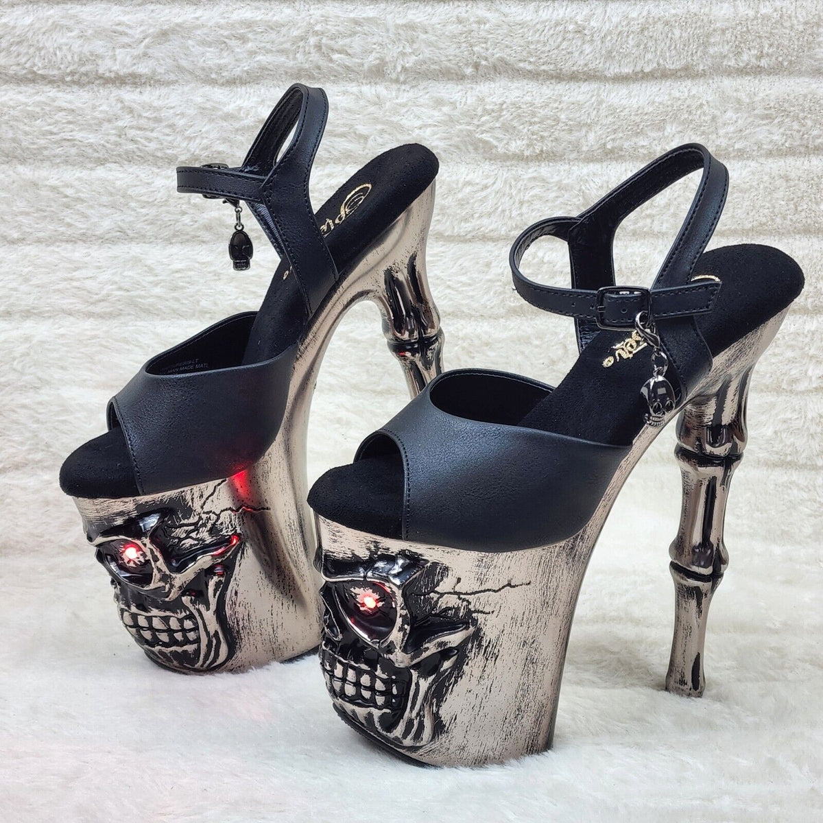 Rapture Black Matte Silver Skull & Bones LED 8" High Heel Platform Sho ...