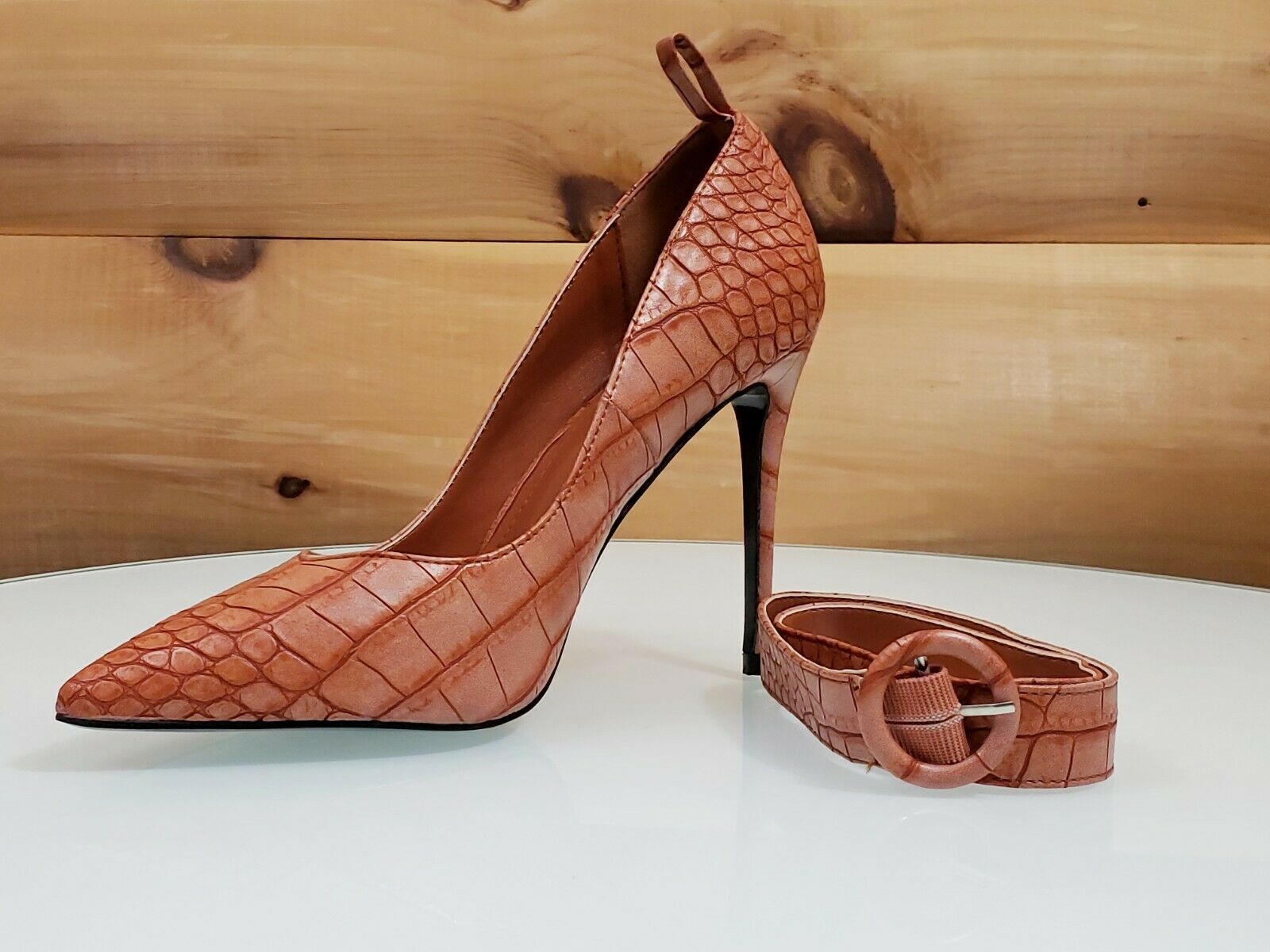 CR Armor Snake Textured Pumps Ankle Strap High Heel Shoes Rusty Brown ...