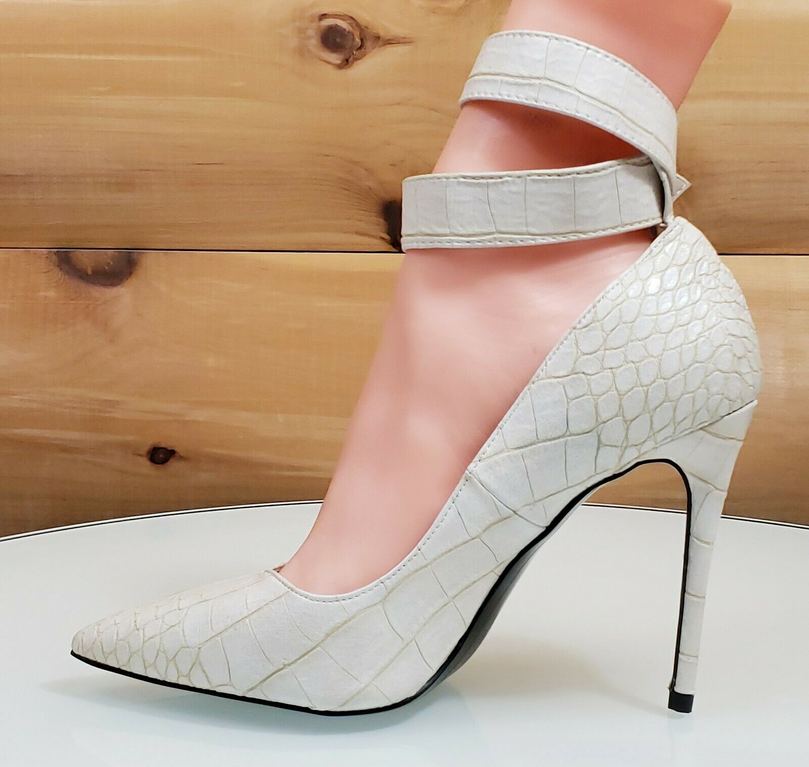 CR Armor Snake Textured Pumps Ankle Strap High Heel Shoes Yellow Off ...