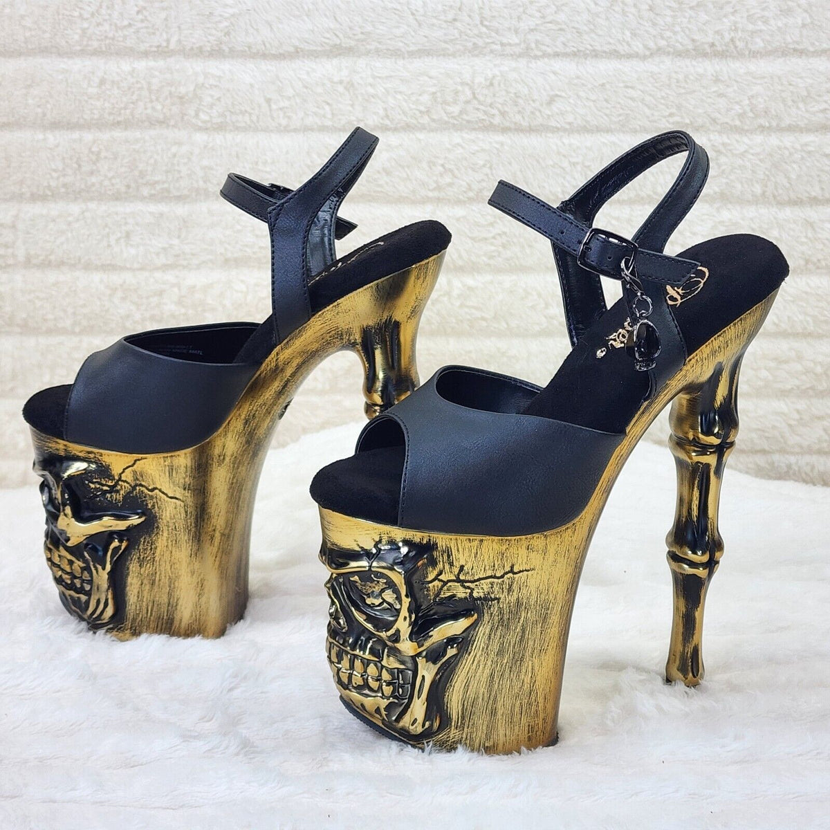 Rapture Black Matte Brass Skull & Bones LED 8" High Heel Platform Shoe ...