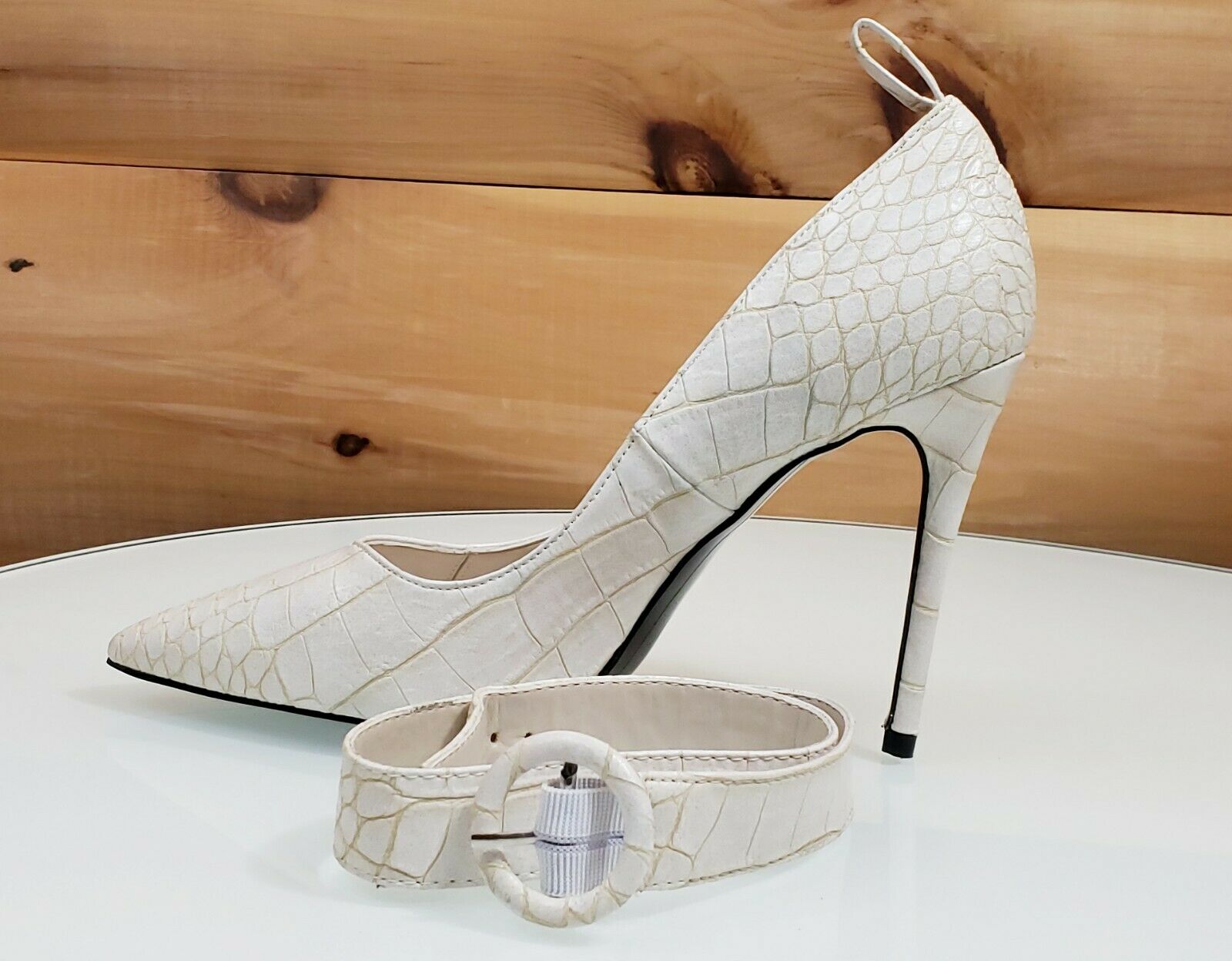 CR Armor Snake Textured Pumps Ankle Strap High Heel Shoes Yellow Off ...