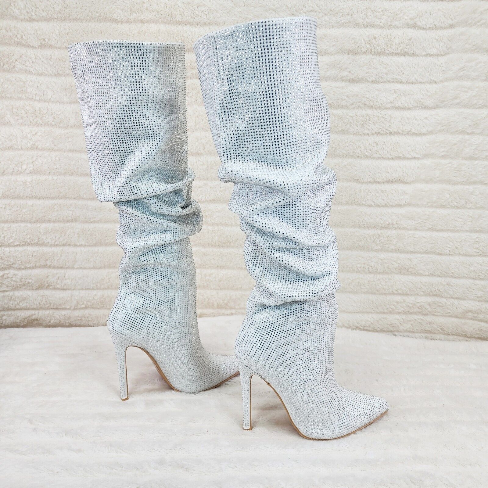 Radiant White Rhinestone High Heel Stiletto Slouch Knee High Boots ...