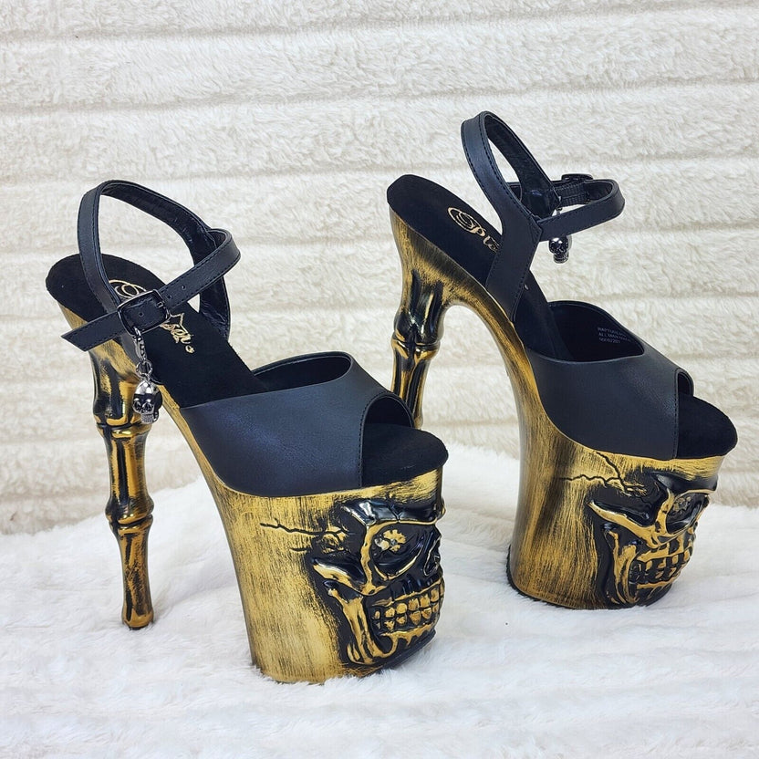 Rapture Black Matte Brass Skull & Bones LED 8" High Heel Platform Shoe ...