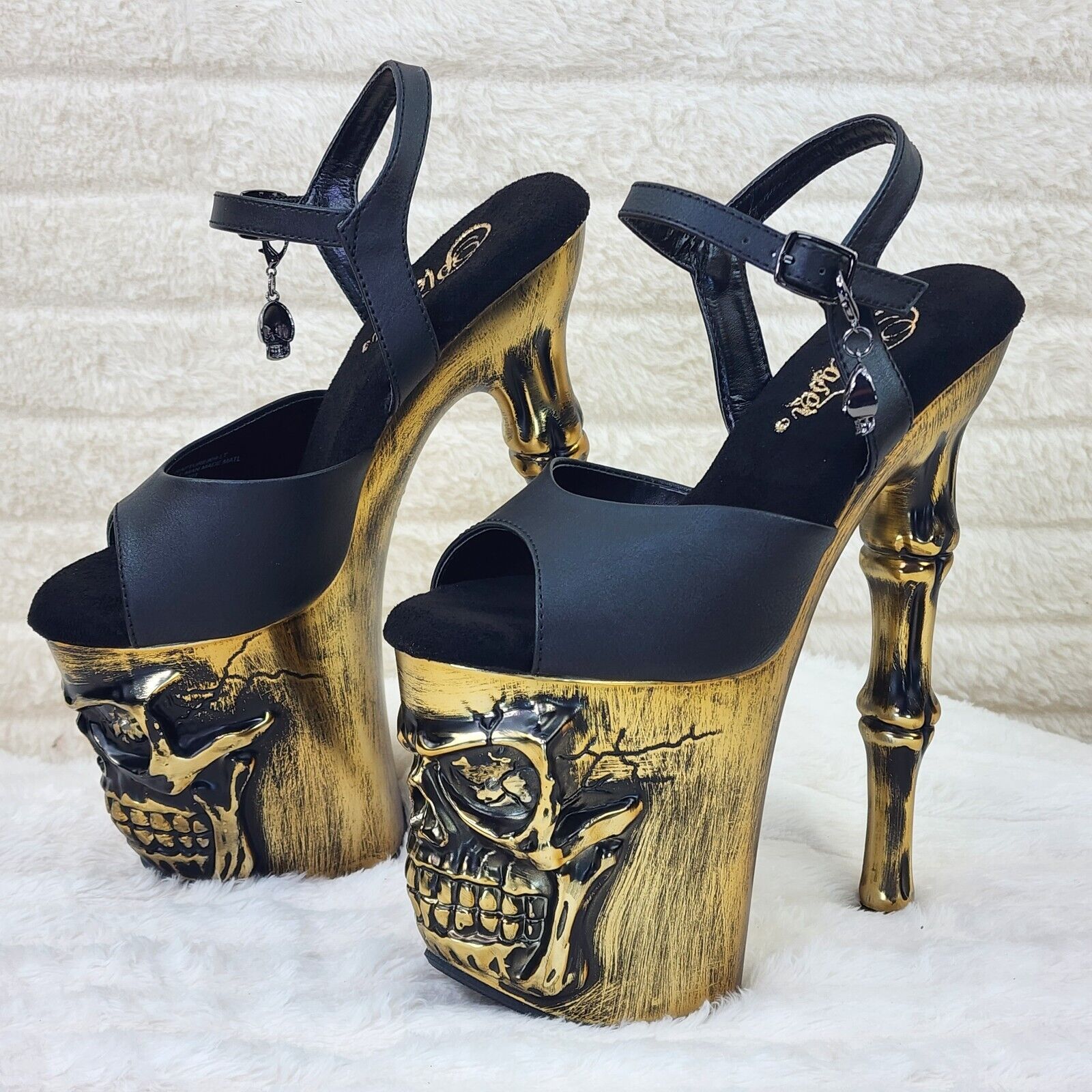 Rapture Black Matte Brass Skull & Bones LED 8" High Heel Platform Shoes ...
