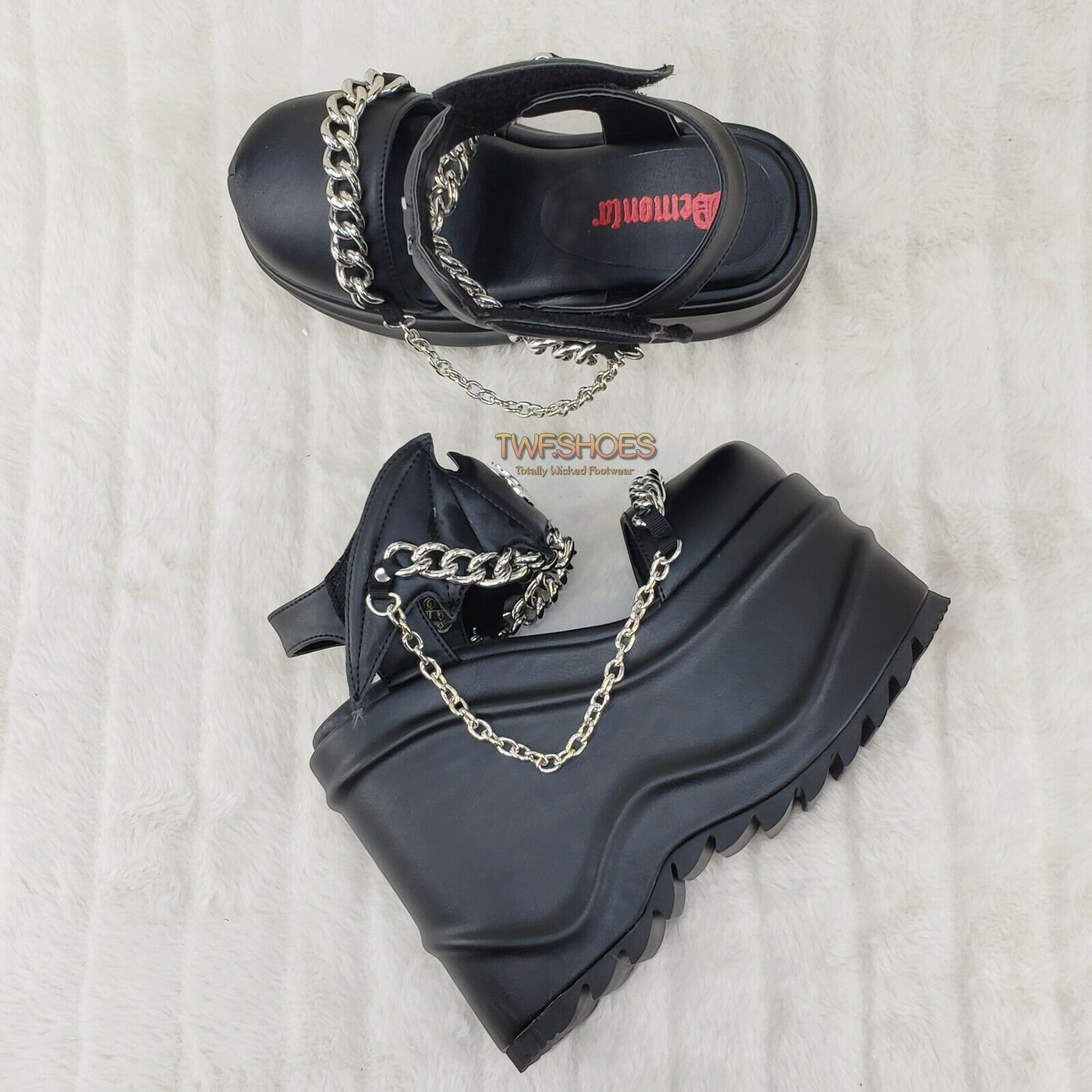 Wave 20 - 6" Platform Goth Bat Chain Closure Sandals Shoes Matte Black ...