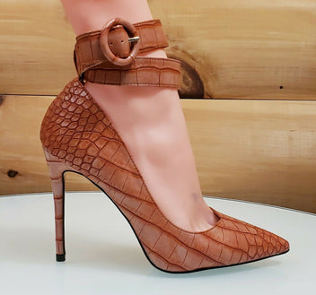 CR Armor Snake Textured Pumps Ankle Strap High Heel Shoes Rusty Brown ...