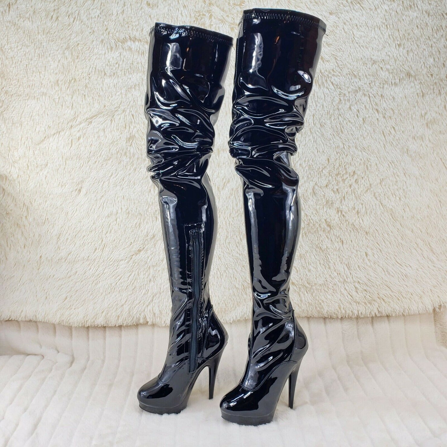 Sultry 4000 Stretch Patent Black 6" High Heel Platform Thigh High ...