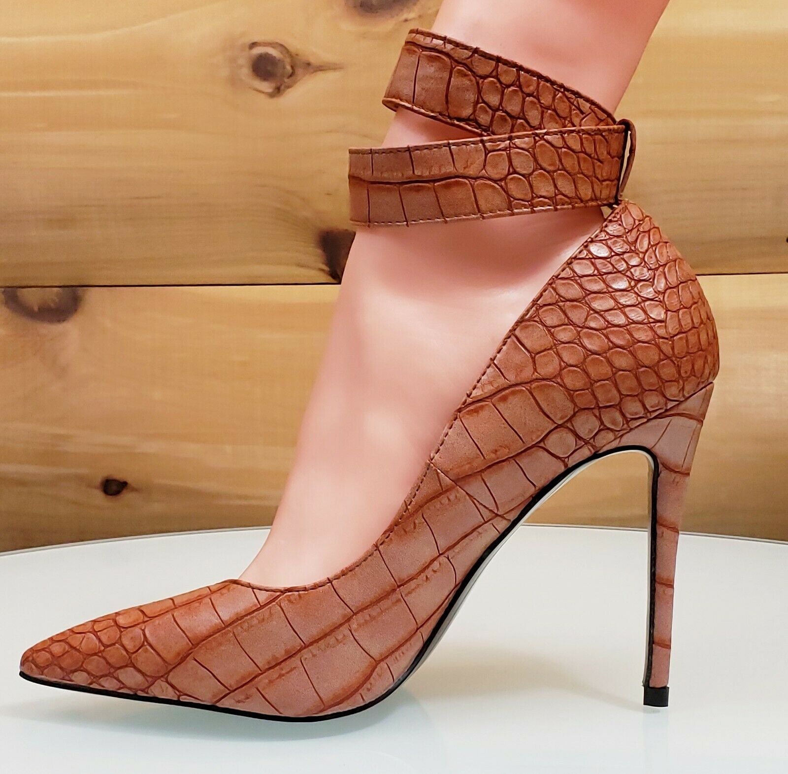 CR Armor Snake Textured Pumps Ankle Strap High Heel Shoes Rusty Brown ...