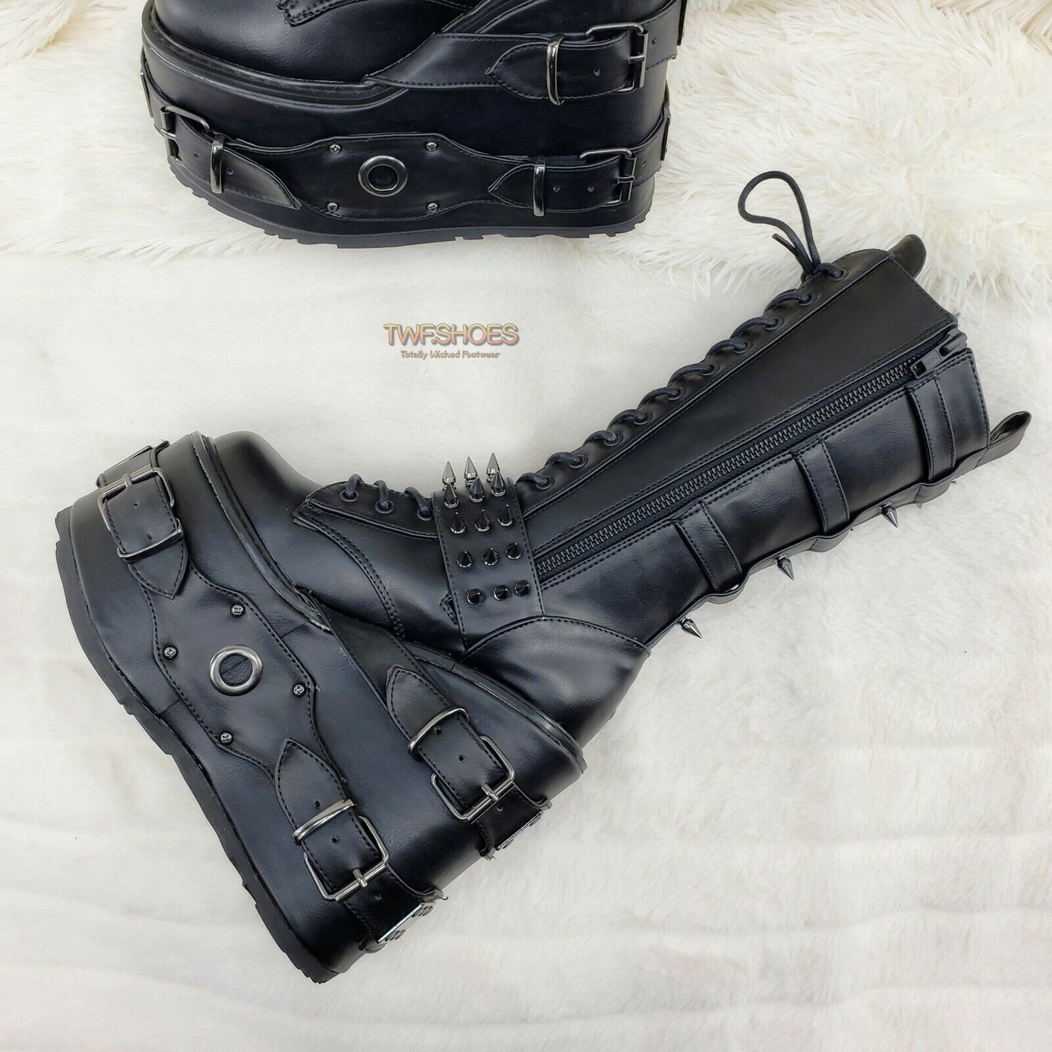 Swing 327 Black Knee Boot 5.5" Platform Studs & Spikes Goth Rave Boot ...