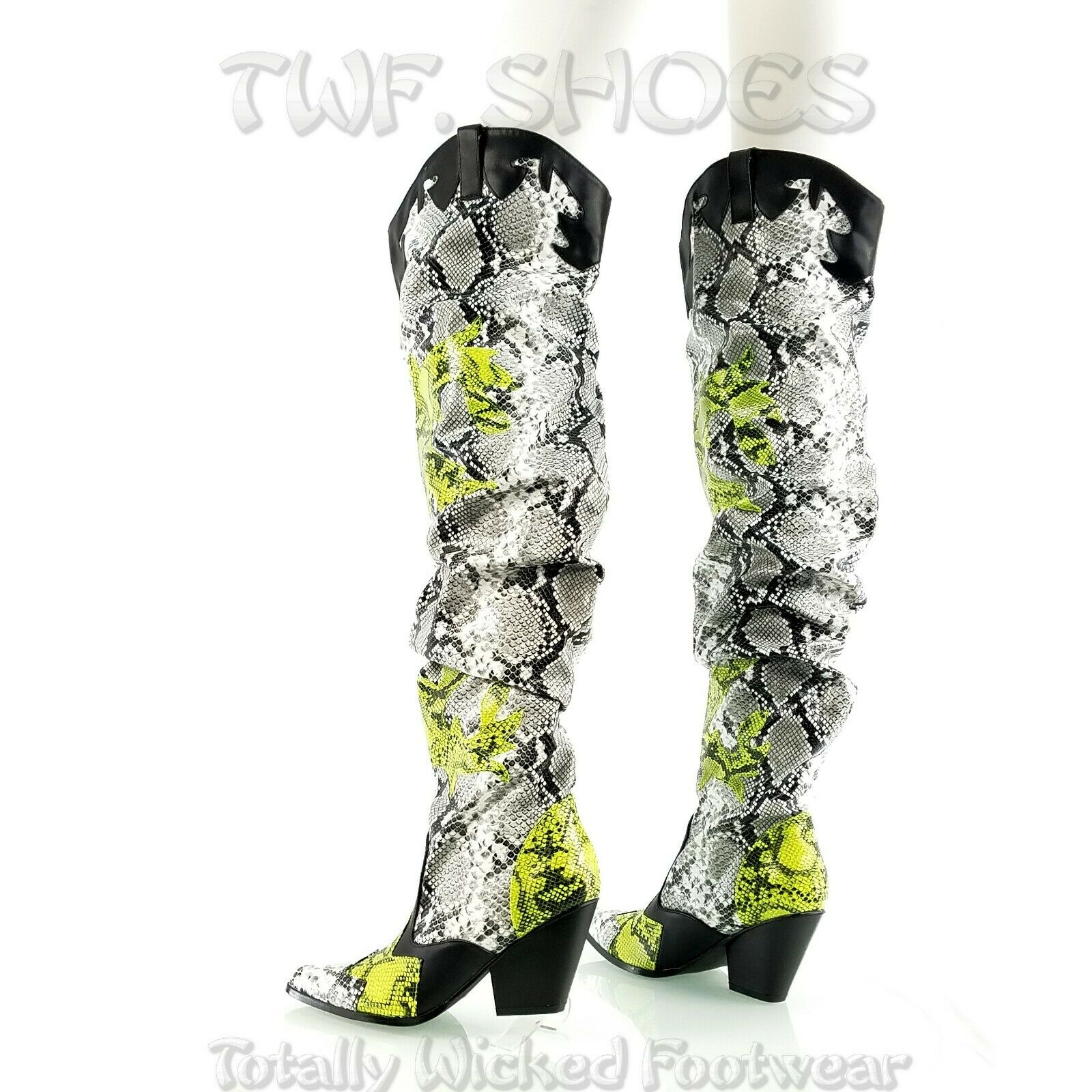 CR Kelsey 21 Hilda White Lime Snake Western Slouch OTK Thigh High ...