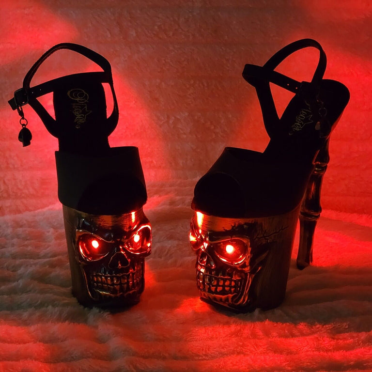 Rapture Black Matte Brass Skull & Bones LED 8" High Heel Platform Shoes ...