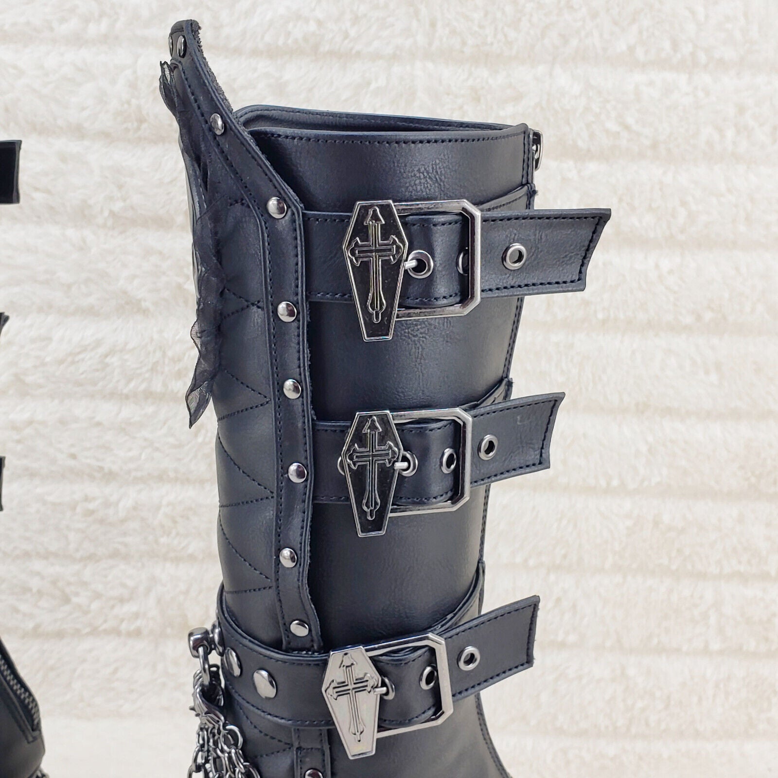 Crypto 67 Coffin Skull & Chain Black Mid Calf Platform Heel Gothic Boo ...