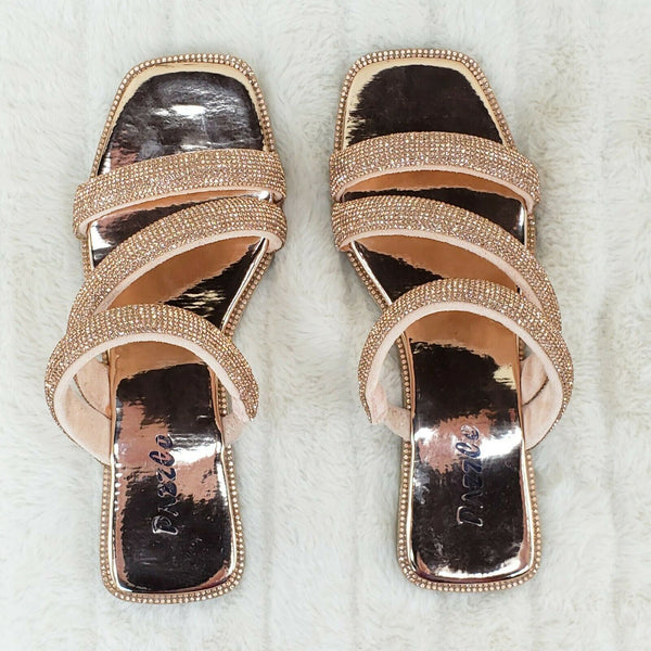 Sparkle Triple Padded Strap Slip On Rose Gold Rhinestone Sandals ...