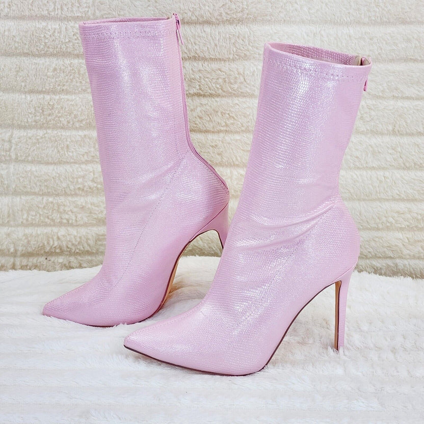 Odin Shimmery Baby Pink High Heel Stretch Fabric Ankle Boots – Totally ...