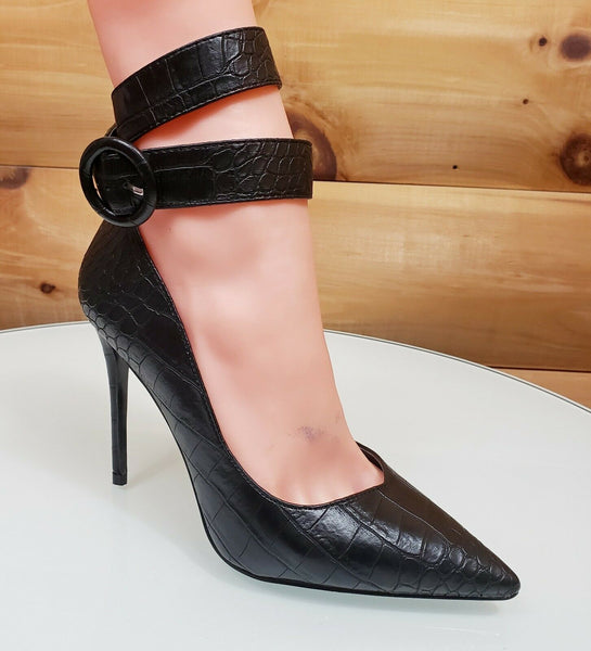 CR Armor Snake Textured Pumps Ankle Strap High Heel Shoes Black ...